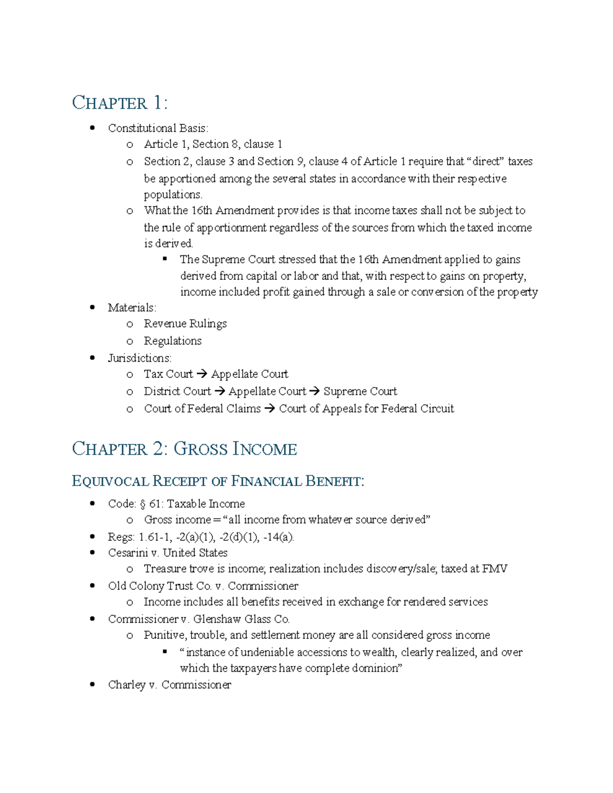 Fed Tax - Final Outline - CHAPTER 1: Constitutional Basis: o Article 1 ...