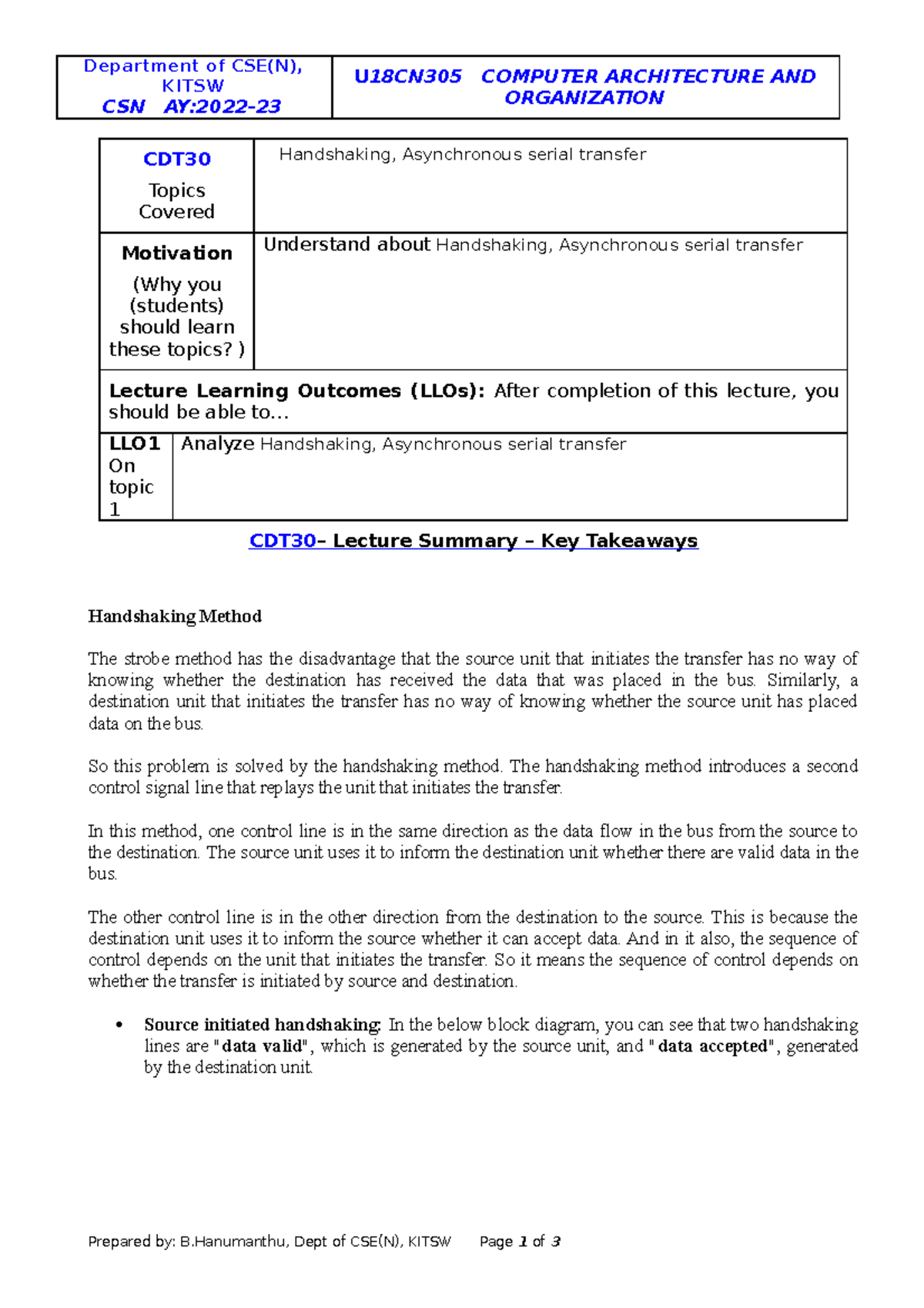 CAO_CDT30_Summary - Department of CSE(N), KITSW CSN AY:2022- U18CN305 COMPUTER ARCHITECTURE AND ...
