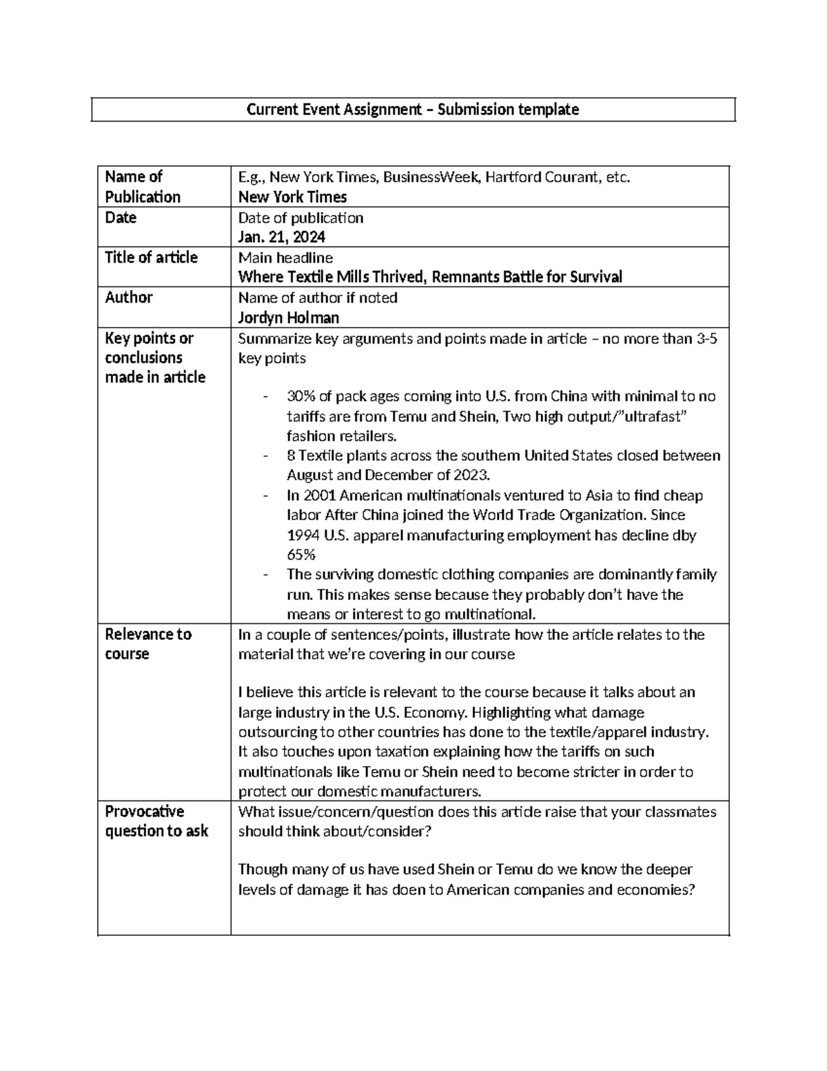 Current Event Assignment 1 - , New York Times, BusinessWeek, Hartford Courant, etc. New York ...