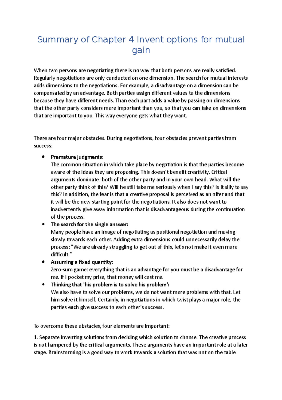 Summary chapter 4 - Getting to Yes - Summary of Chapter 4 Invent ...