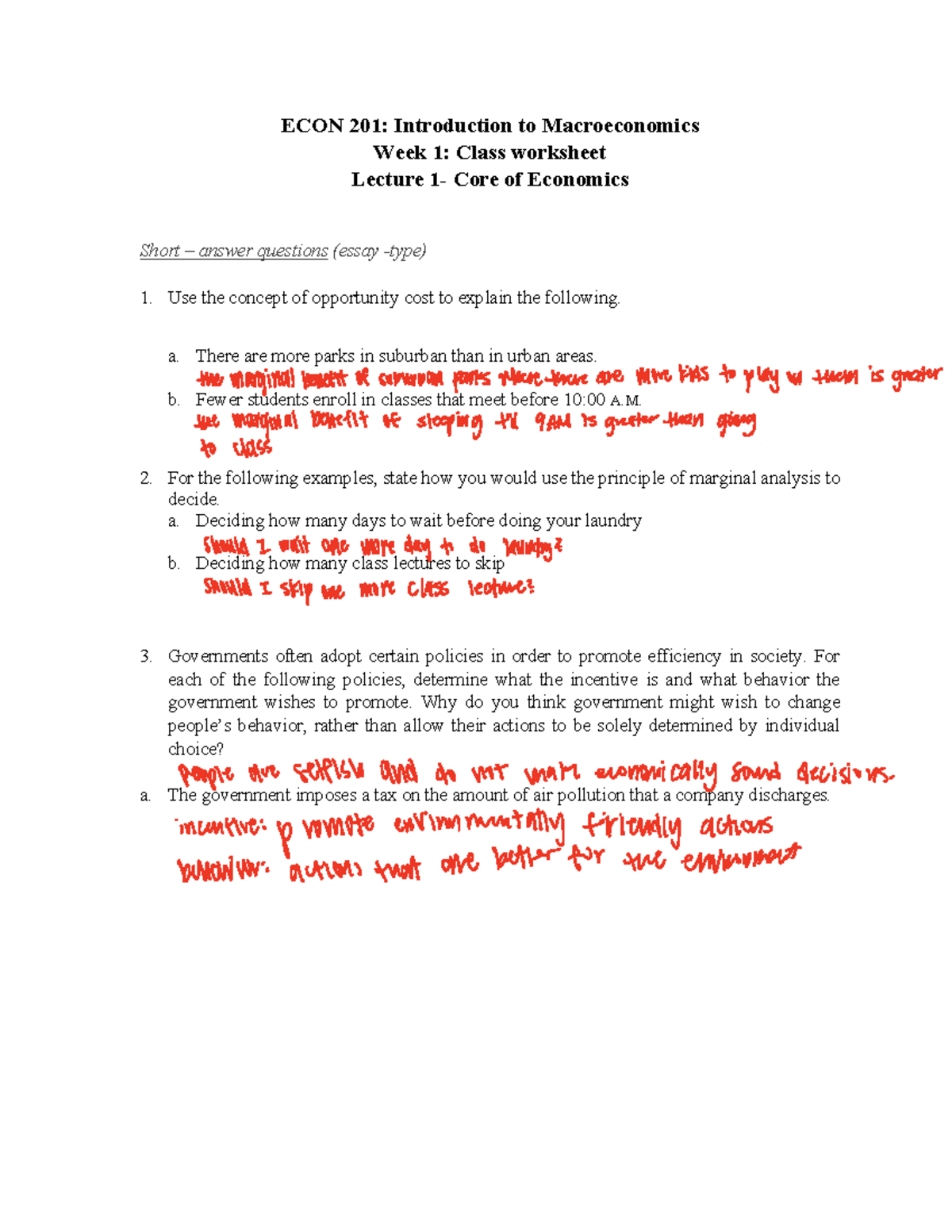 Lecture 1 Worksheet Econ 201 Introduction To Macroeconomics Week 1
