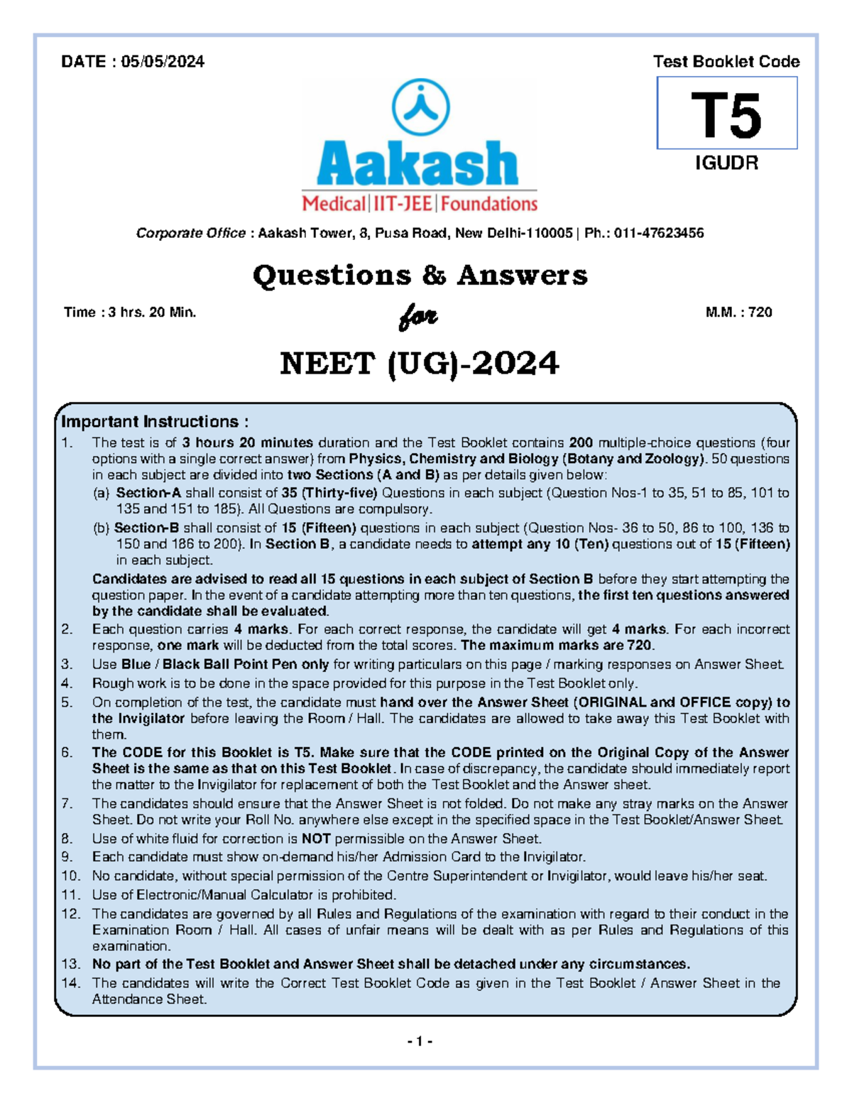 Qs-and-Ans NEET-2024-Code-T5 Final - Corporate Office : Aakash Tower, 8, Pusa Road, New Delhi ...