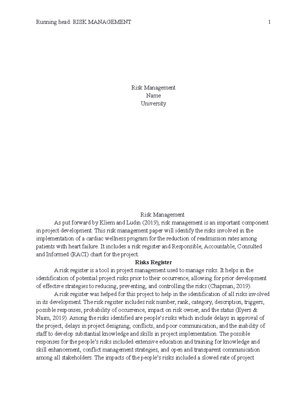 NR631 Week 7 Risk Management - Running head: RISK MANAGEMENT 1 Risk ...