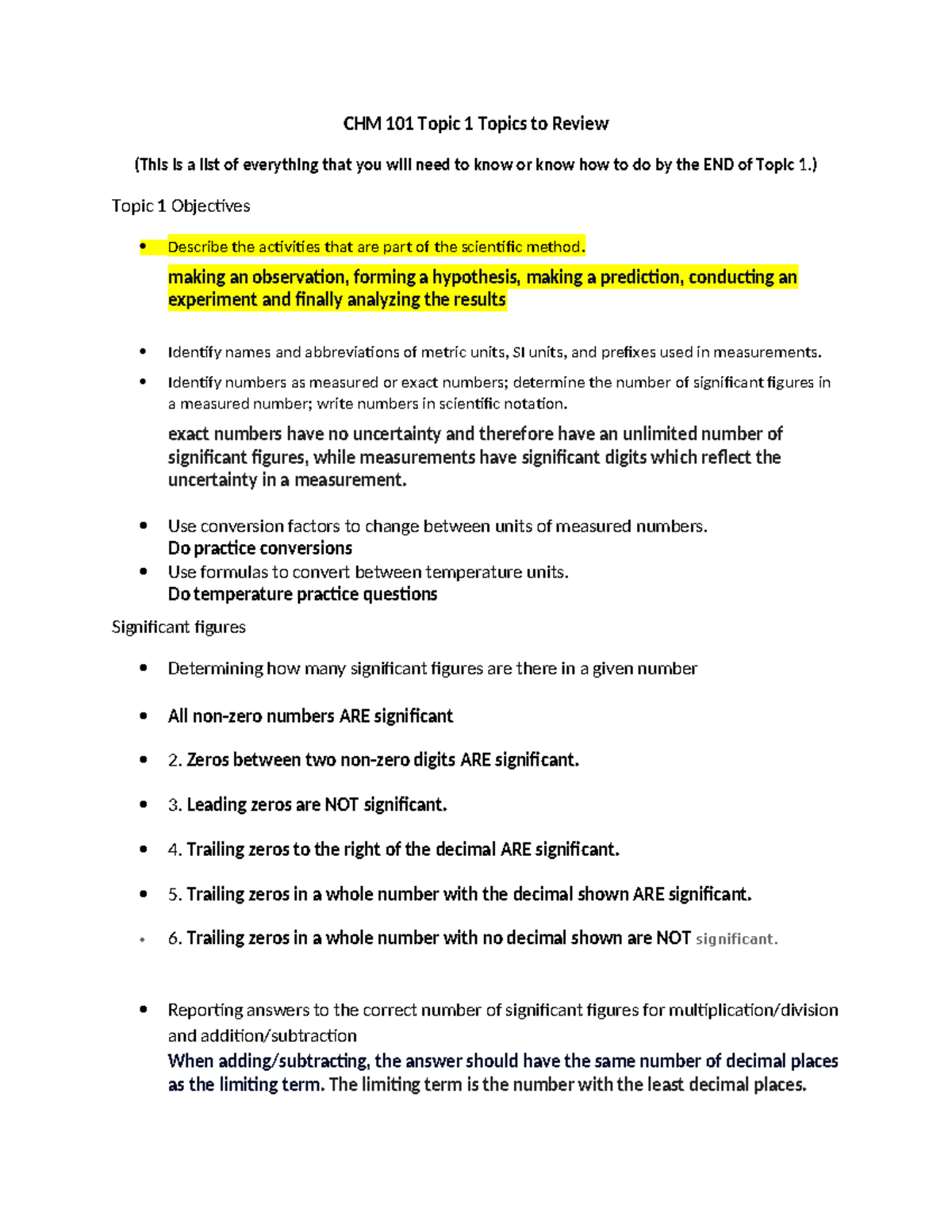 Chem Topic 1 Review - CHM 101 Topic 1 Topics to Review (This is a list ...