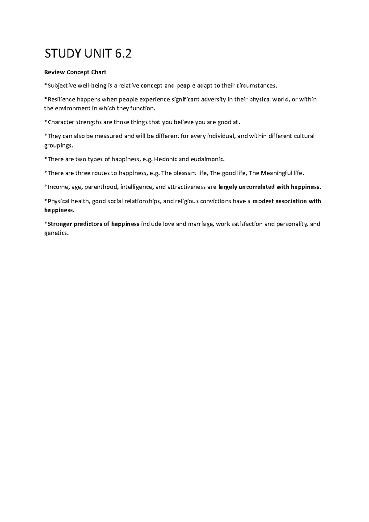Study UNIT 6 - STUDY UNIT 6. Review Concept Chart *Subjective well-being is a relative concept ...
