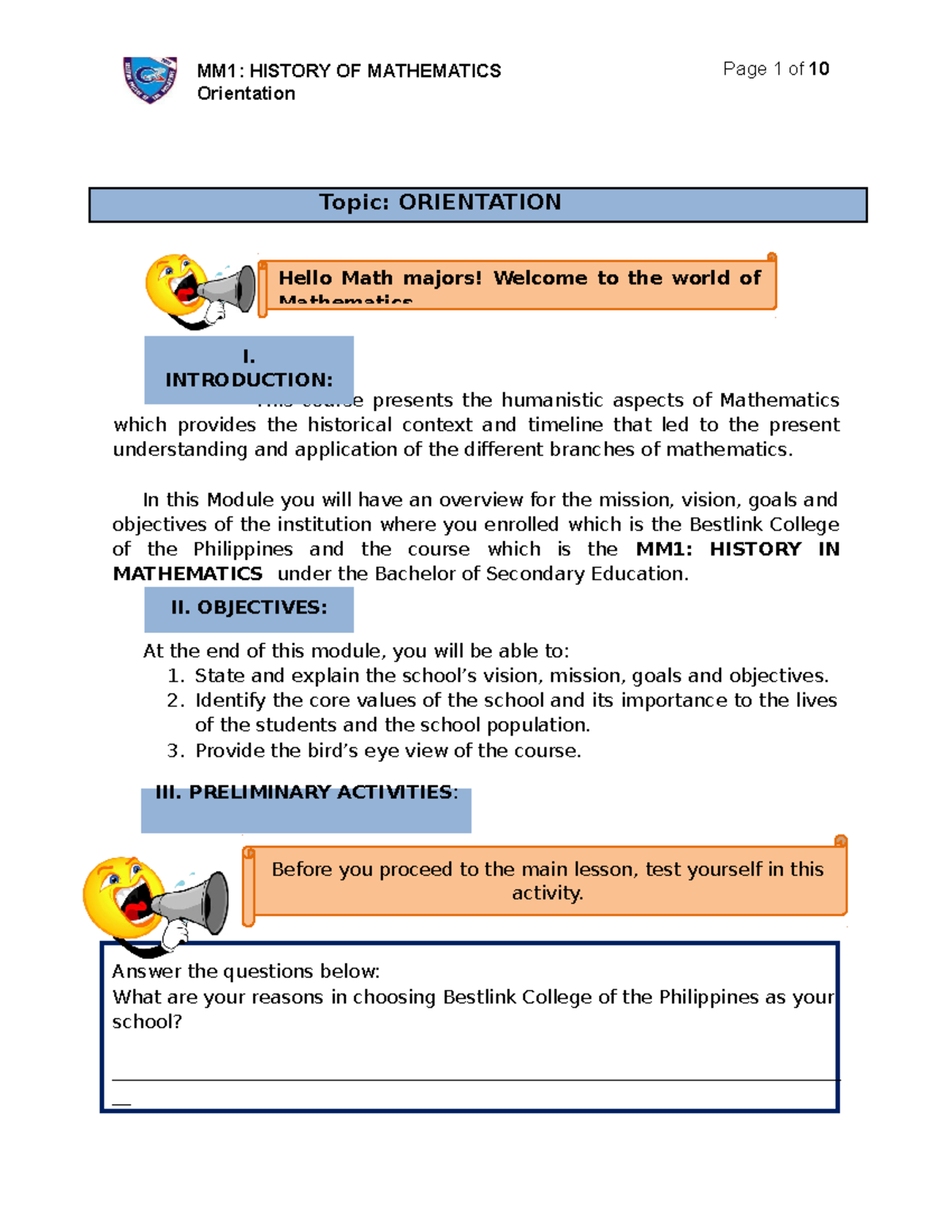 MM1- Content- Module 1 - HISTORY OF MATHEMATICS - This course presents ...
