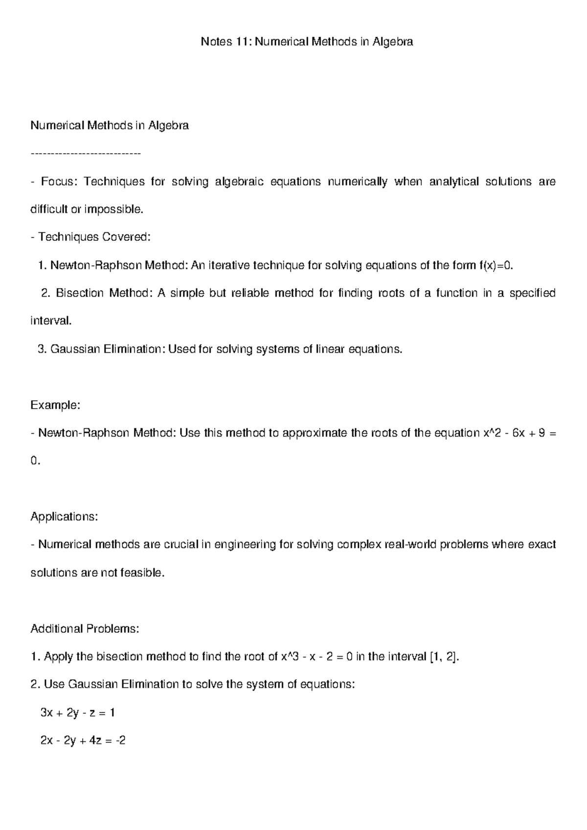 Notes 11 Numerical Methods In Algebra Notes 11 Numerical Methods In