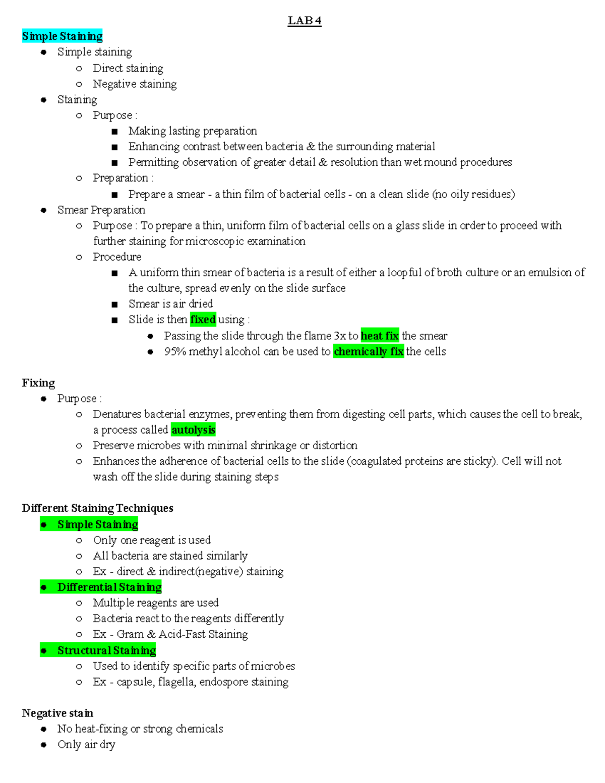LAB Practicum 4 notes - LAB 4 Simple Staining Simple staining Direct ...