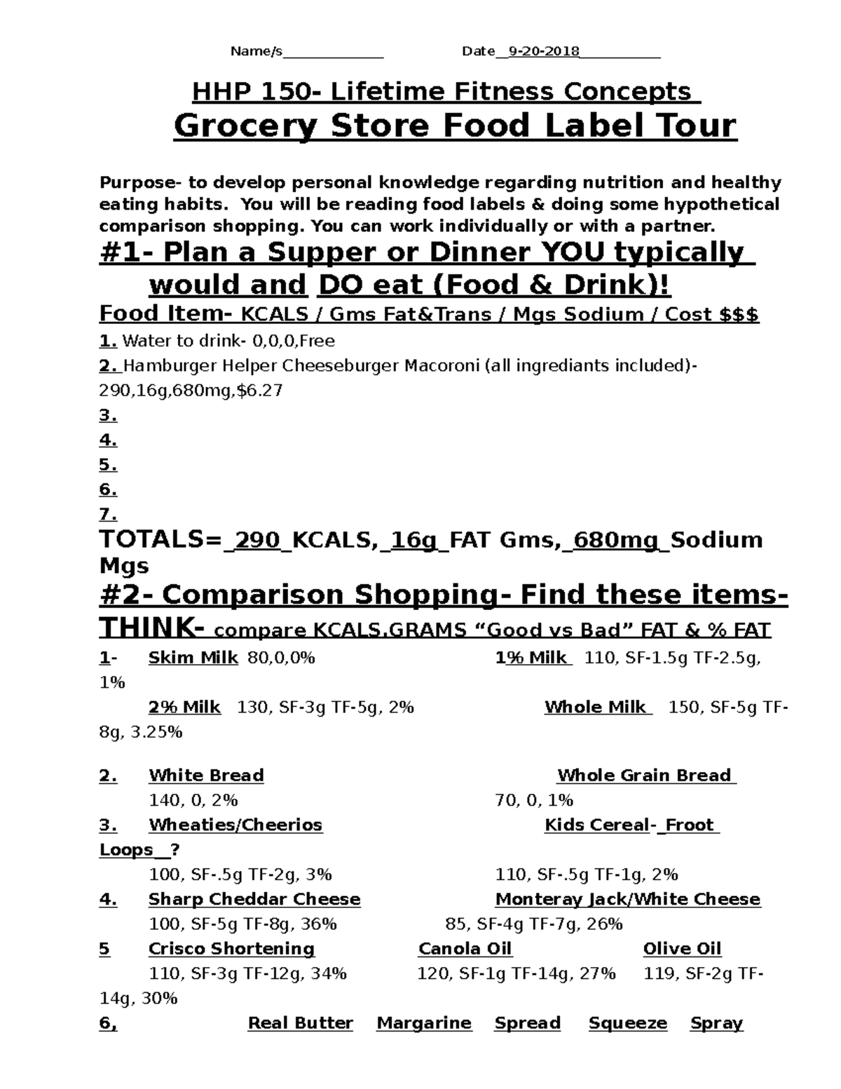 Grocery Store Food Label Tour - Name/s________________ Date__9-20-2018 ...
