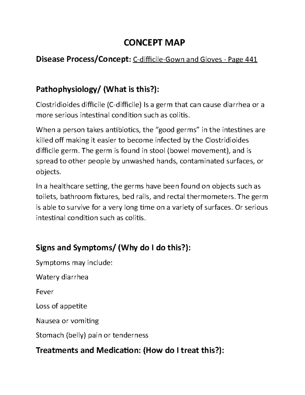 Concept Map C-Difficile -Gown and Gloves - CONCEPT MAP Disease Process ...