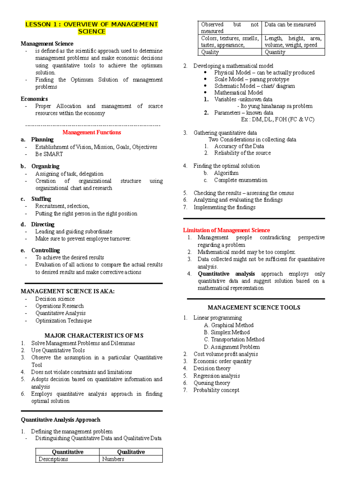 Lesson 1 -2 Management science - LESSON 1 : OVERVIEW OF MANAGEMENT ...