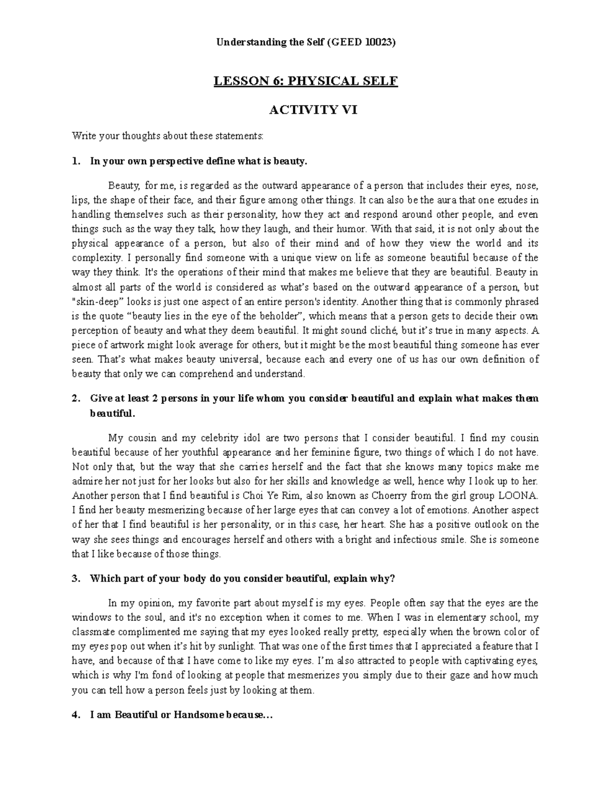 Understanding the Self (UTS) - Activity Lesson 6: Physical Self - Understanding the Self (GEED ...