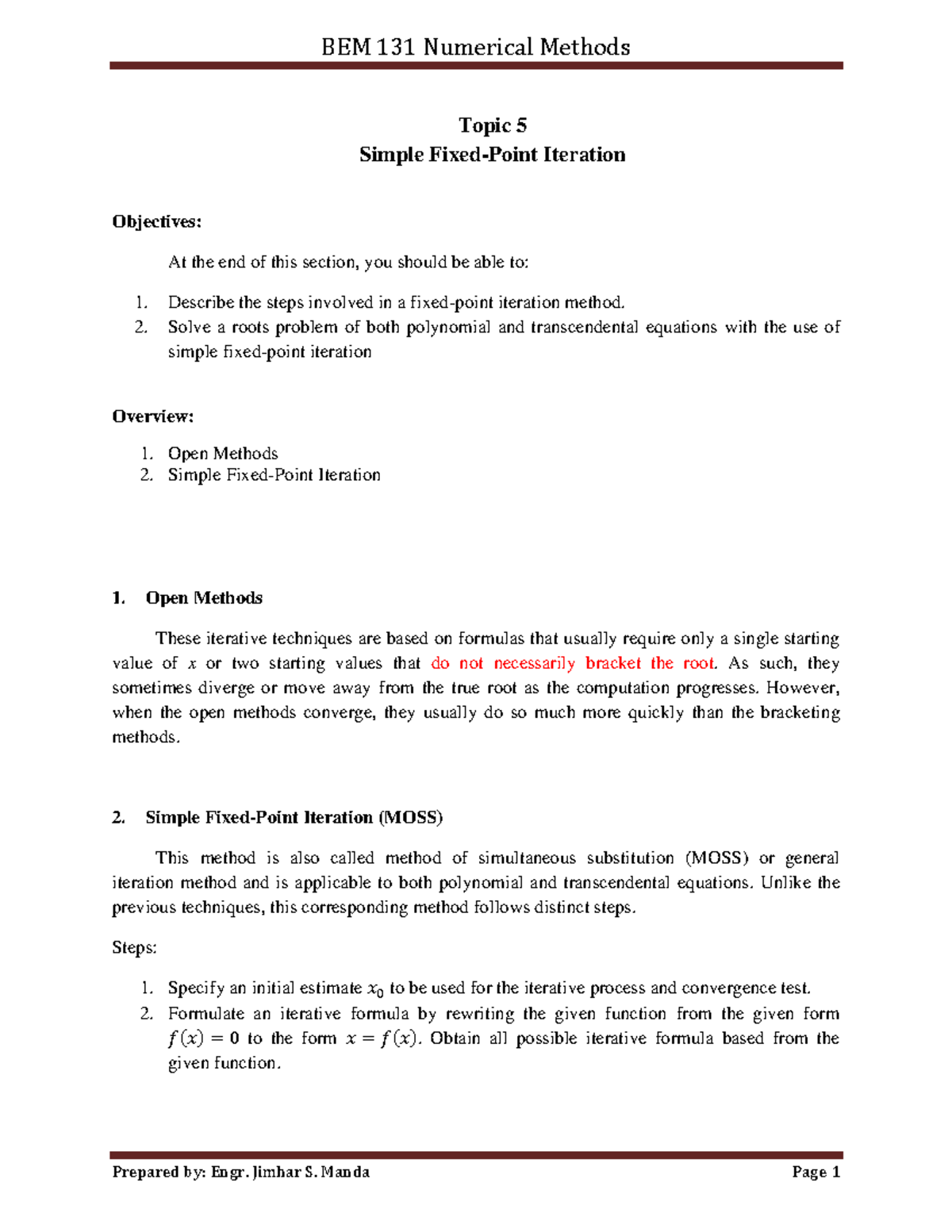 OM Simple Fixed Point Iteration - Topic 5 Simple Fixed-Point Iteration ...