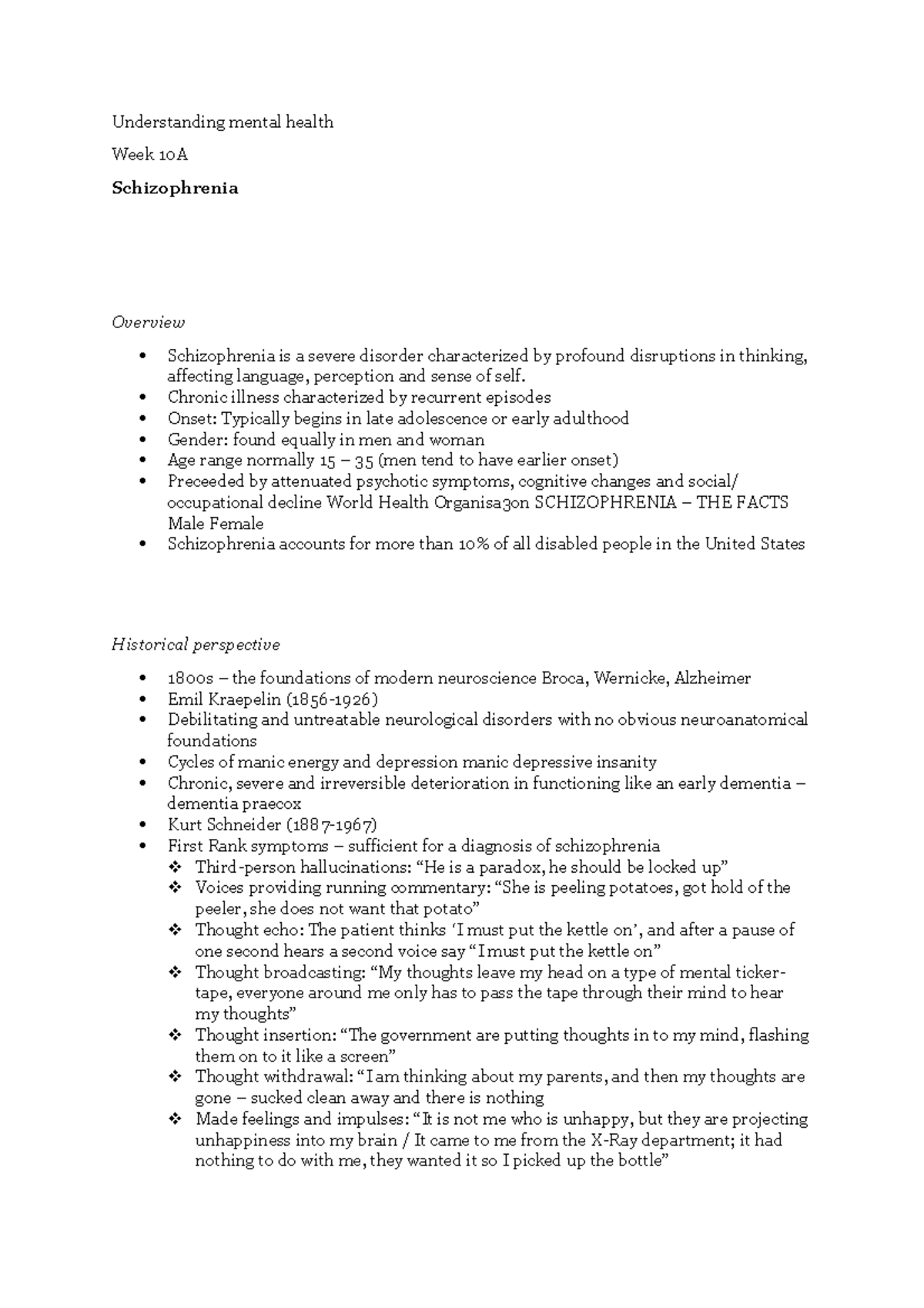 Schizophrenia - Lecture notes 1 - Understanding mental health Week 10A ...
