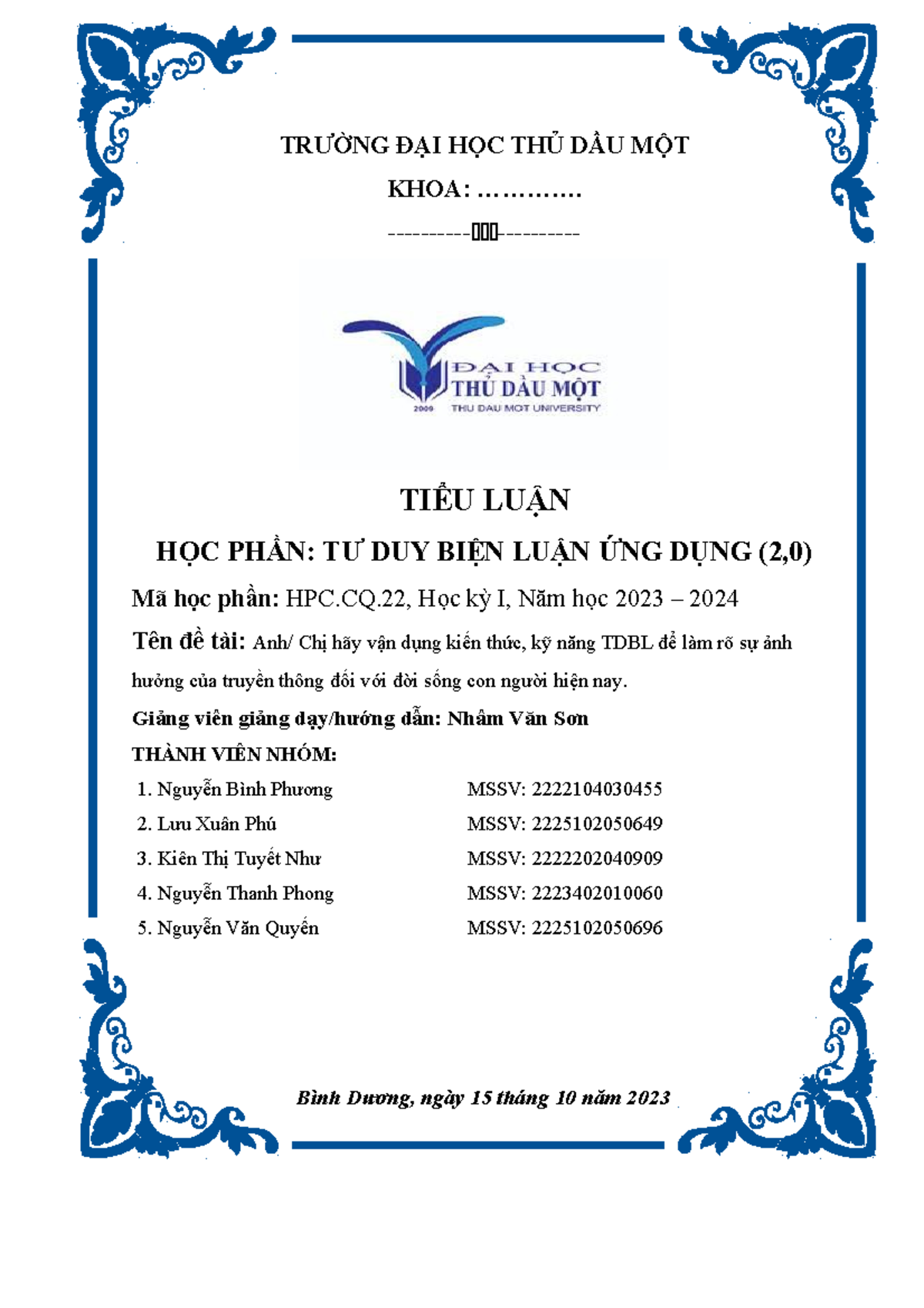 Tiểu Luận TDBL Nhóm 9 - support for course - TRƯỜNG ĐẠI HỌC THỦ DẦU MỘT ...