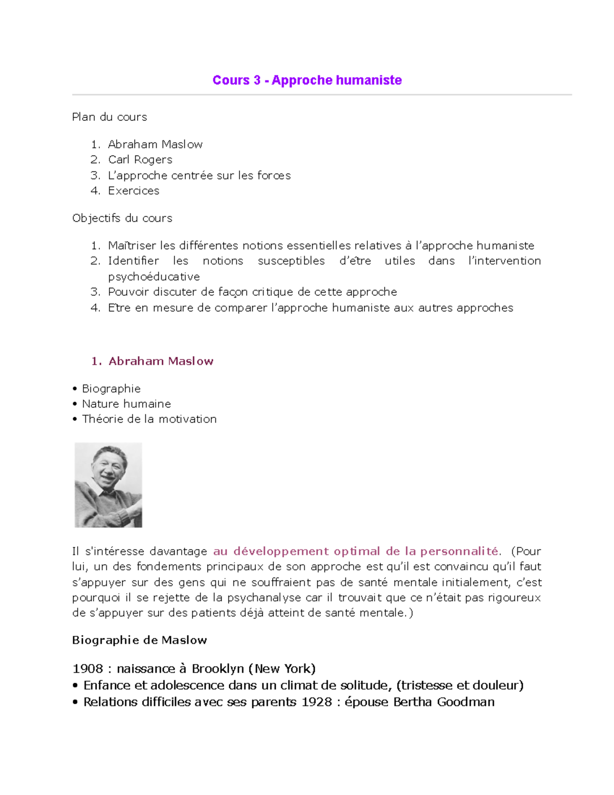 Cours 3 - Approche humaniste - Cours 3 - Approche humaniste Plan du ...