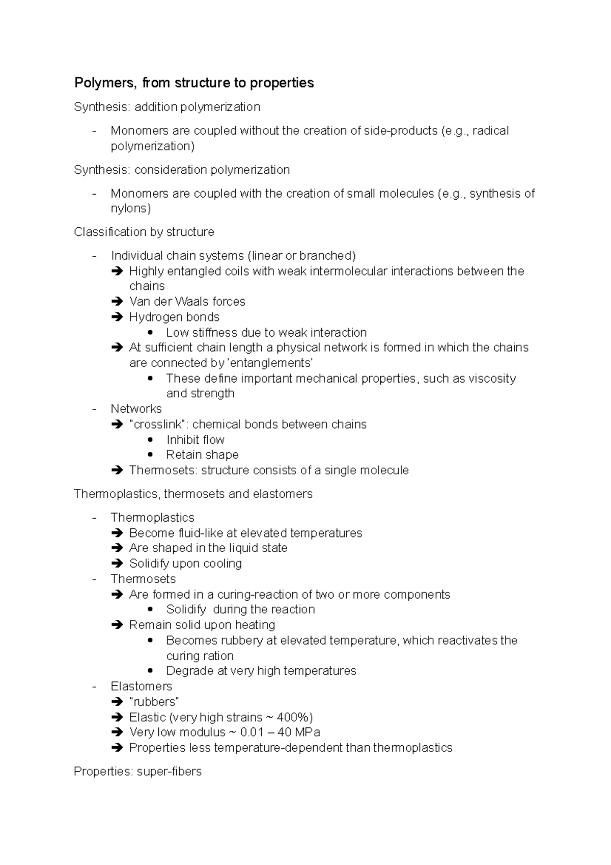 Lecture notes Polymers part - Polymers, from structure to properties ...