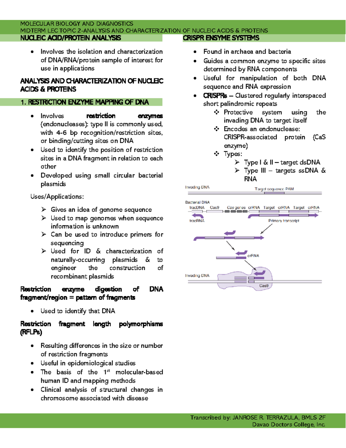 Midterm LEC Topic 2- Analysis AND Characterization OF Nucleic Acids ^0 ...