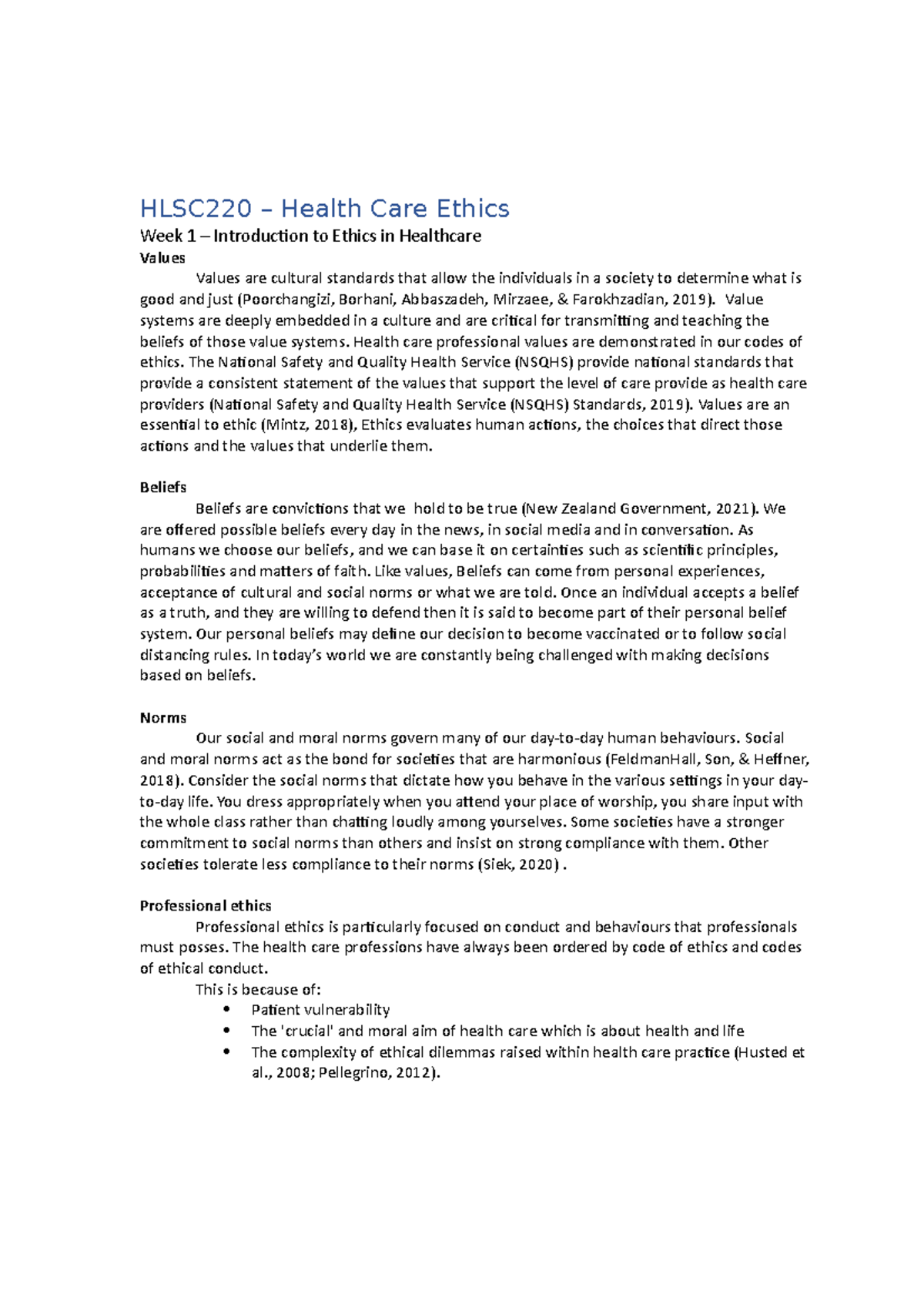 HLSC220 lecture notes - HLSC220 – Health Care Ethics Week 1 ...