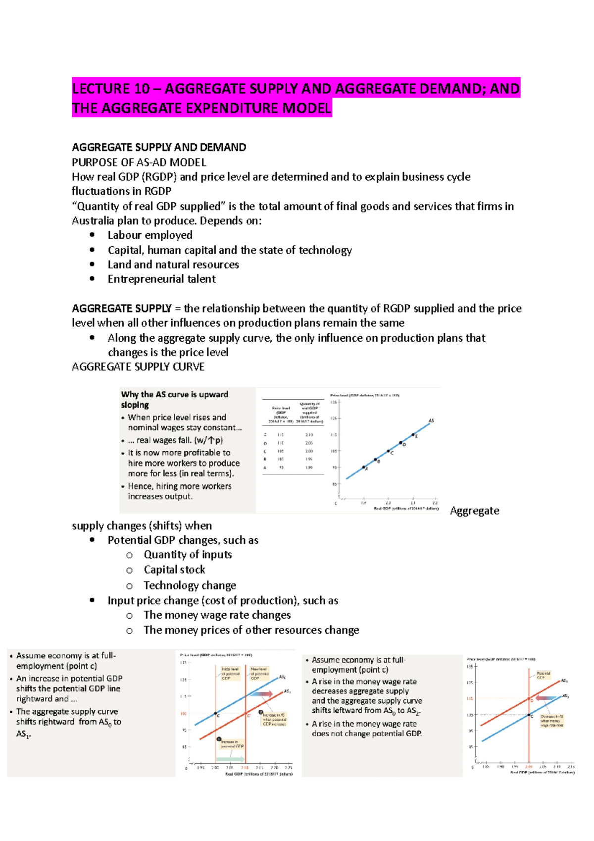 EFB231 Lecture 10 - LECTURE 10 – AGGREGATE SUPPLY AND AGGREGATE DEMAND ...