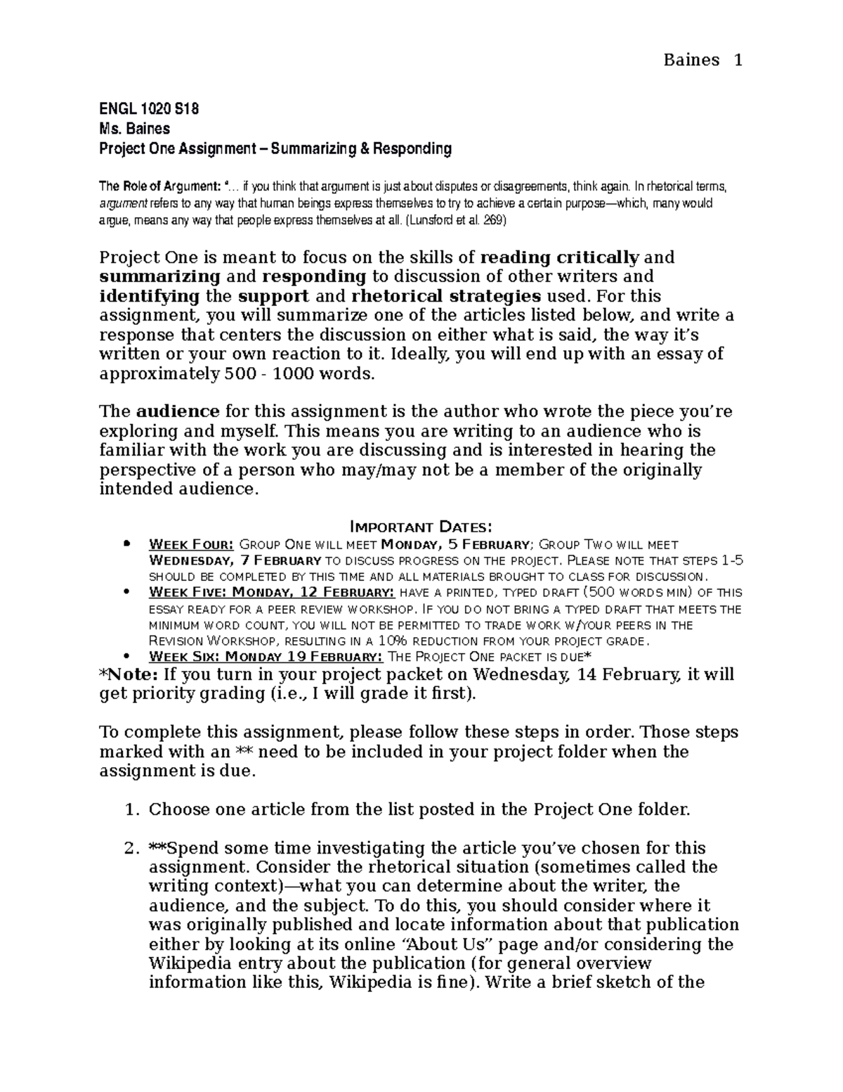 ENGL1020S18MWProject One Assignment - Baines 1 ENGL 1020 S18 Ms. Baines ...