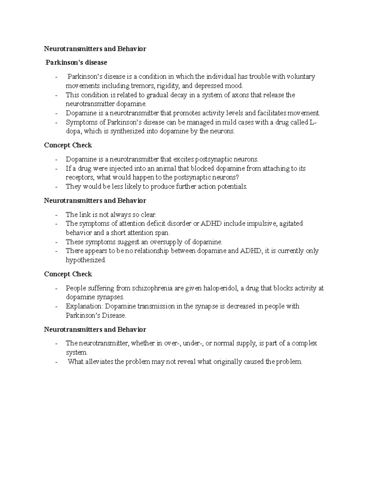PSY 101 Notes 5 - Neurotransmitters and Behavior Parkinson’s disease ...