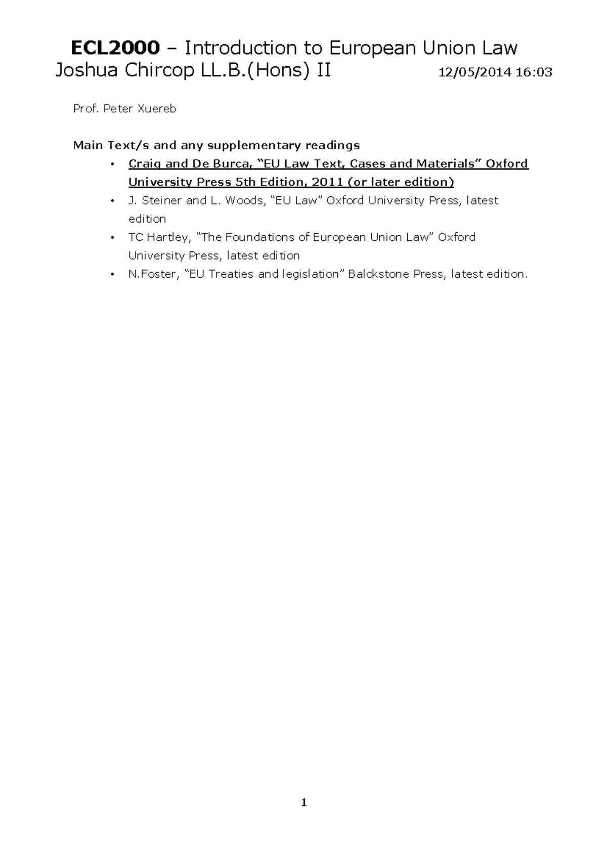 Introduction to European Union Law - (Hons) II 12/05/2014 16: Prof ...