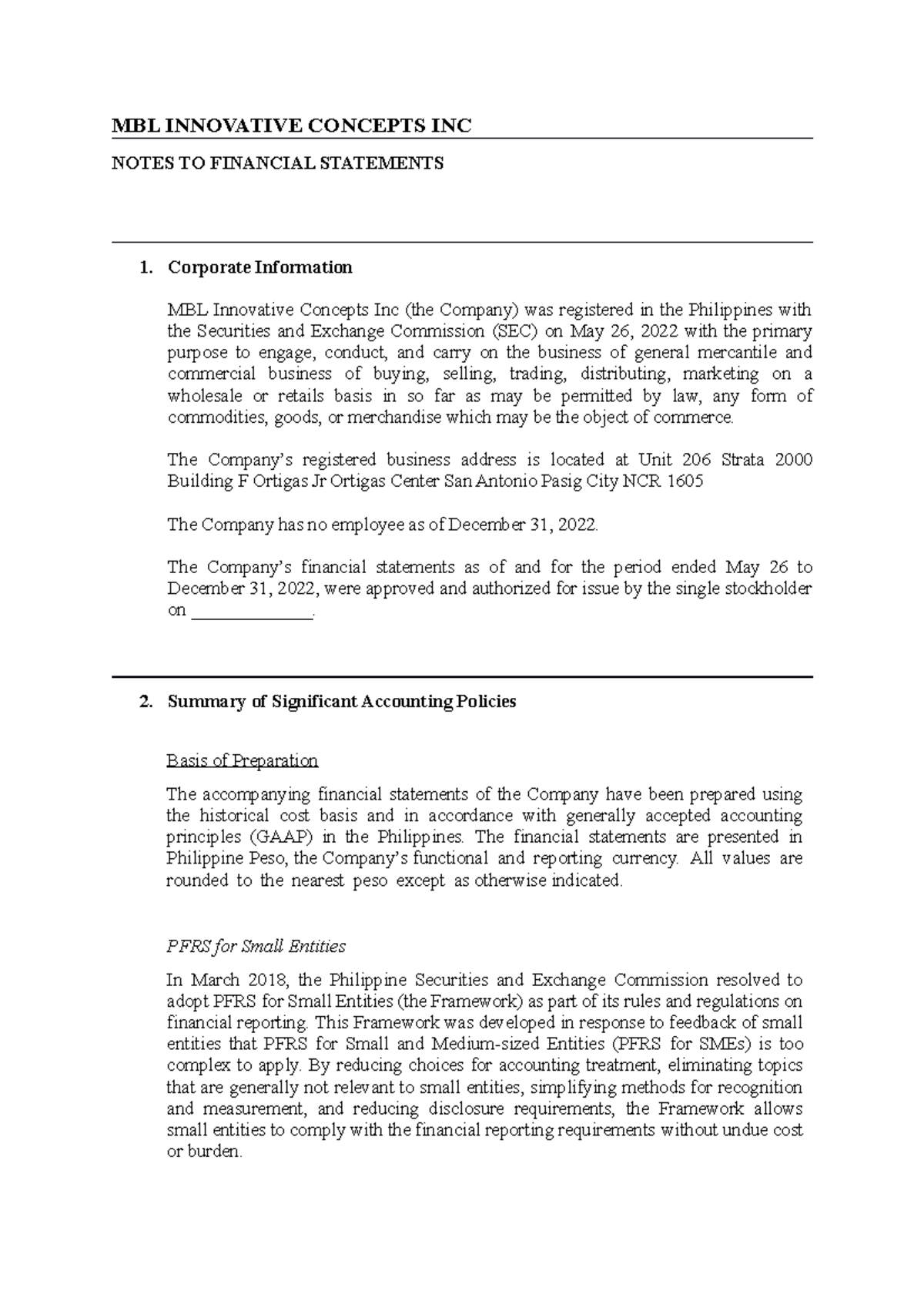 Notes to FS 2022 - MBL INNOVATIVE CONCEPTS INC NOTES TO FINANCIAL ...