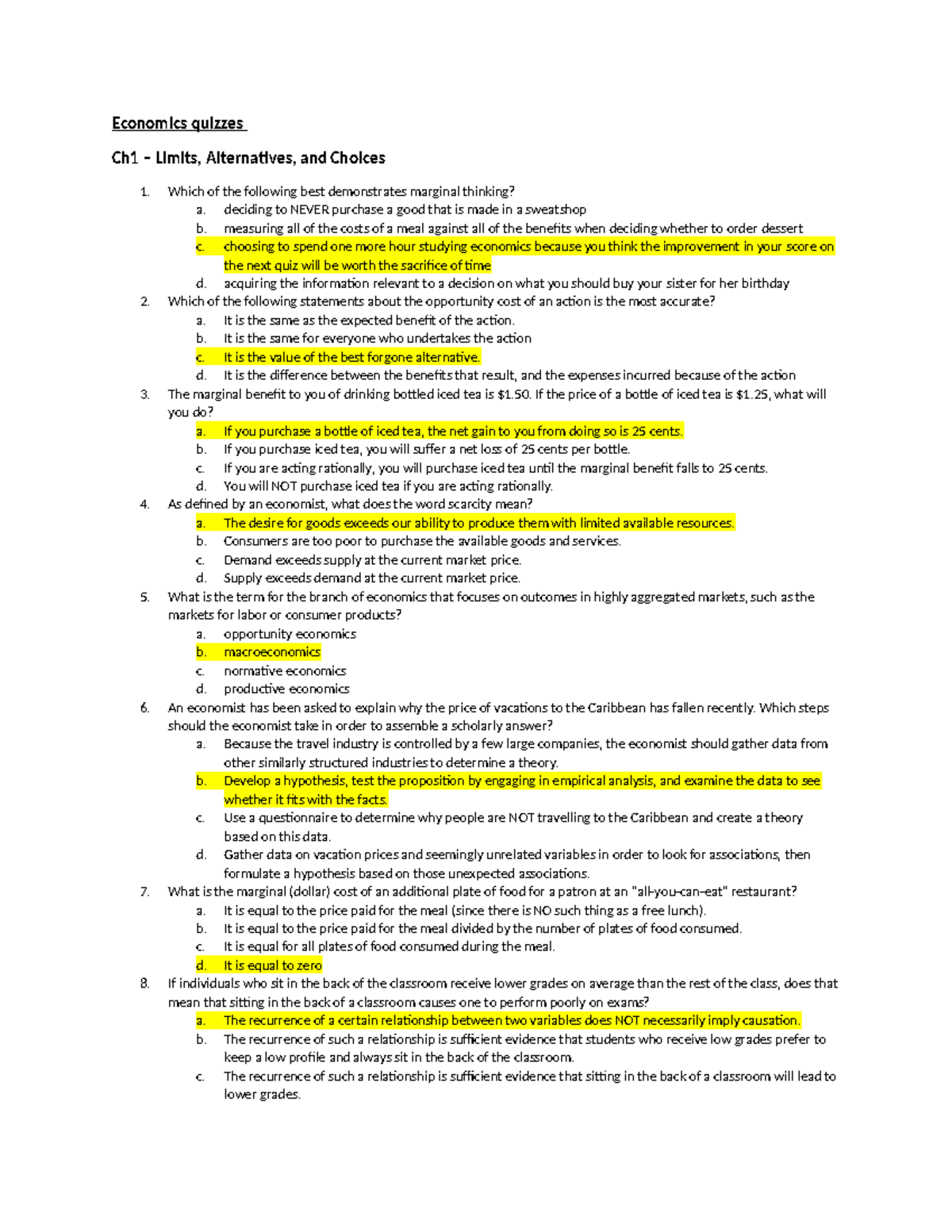 Econmics quizzes - Economics quizzes Ch1 – Limits, Alternatives, and ...