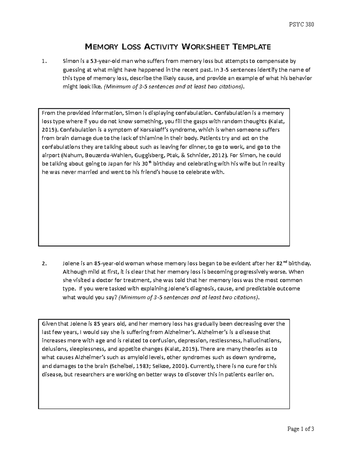 Memory Loss Activity Worksheet Template - PSYC 380 MEMORY LOSS ACTIVITY WORKSHEET TEMPLATE Simon ...