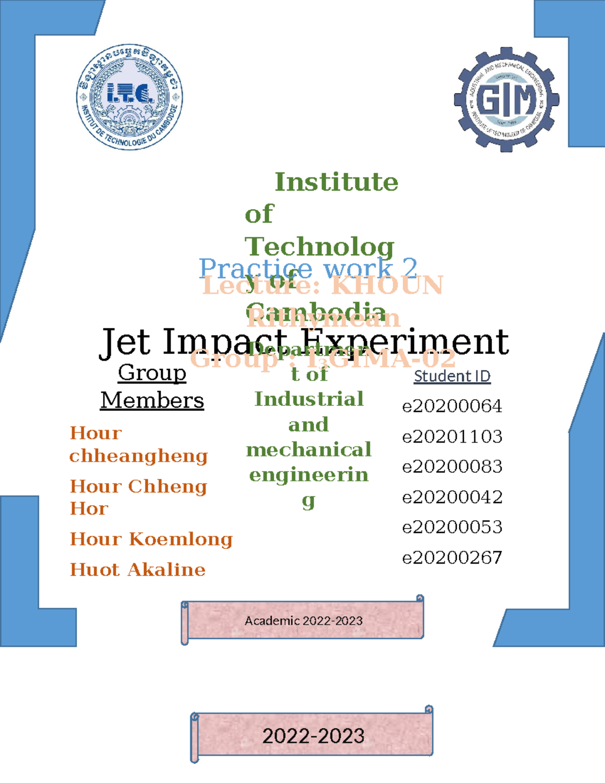 TP Report fluid - practice work - Jet Impact Experiment Institute of ...