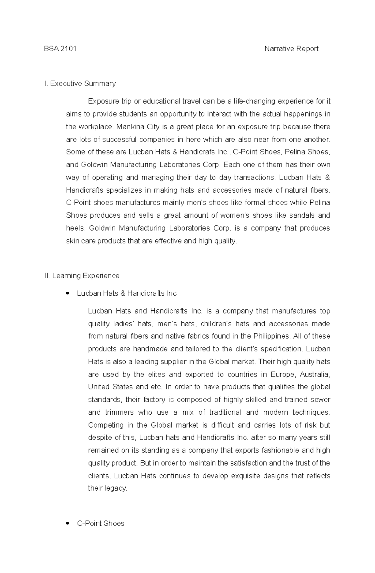 Narrative Essay MGT 209 - BSA 2101 Narrative Report I. Executive ...