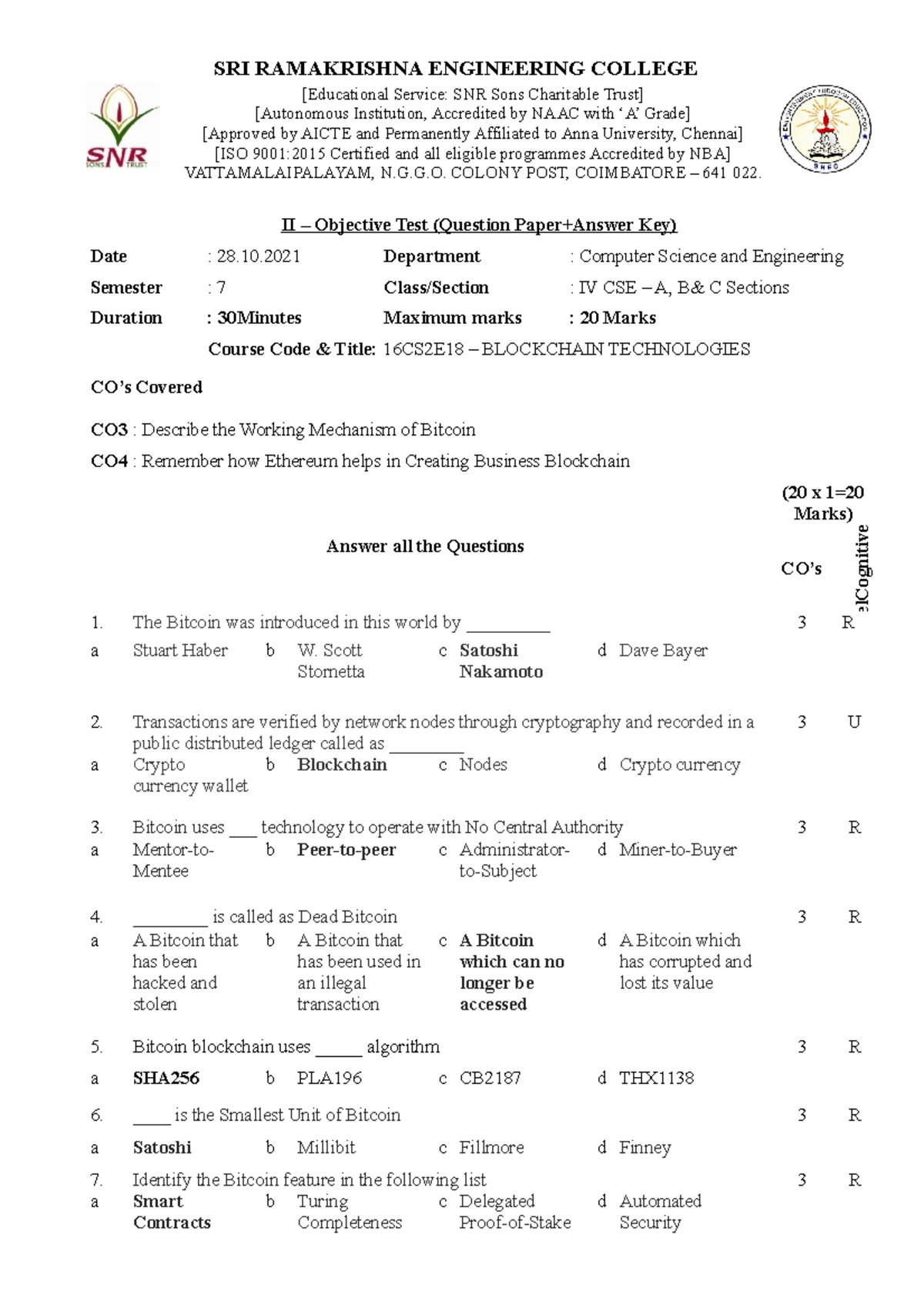 16CS2E18 - Blockchain - OBJ - TEST - 2 - SRI RAMAKRISHNA ENGINEERING ...