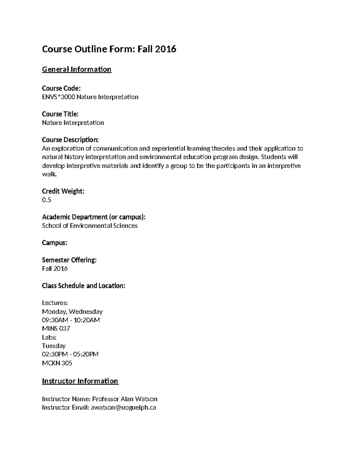 Undergraduate Course Outline Form F16 ENVS 3000 OAC AODA Compliant ...
