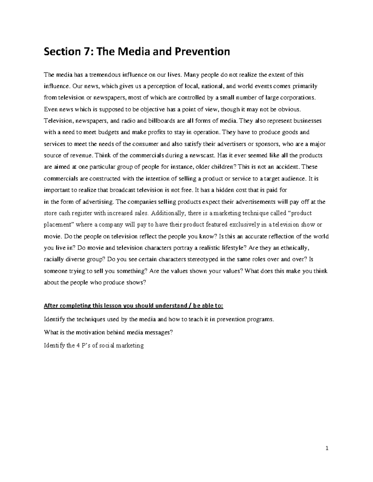 TTU ADRS 3327 Reader Section 7 Media and Prevention - Section 7: The ...