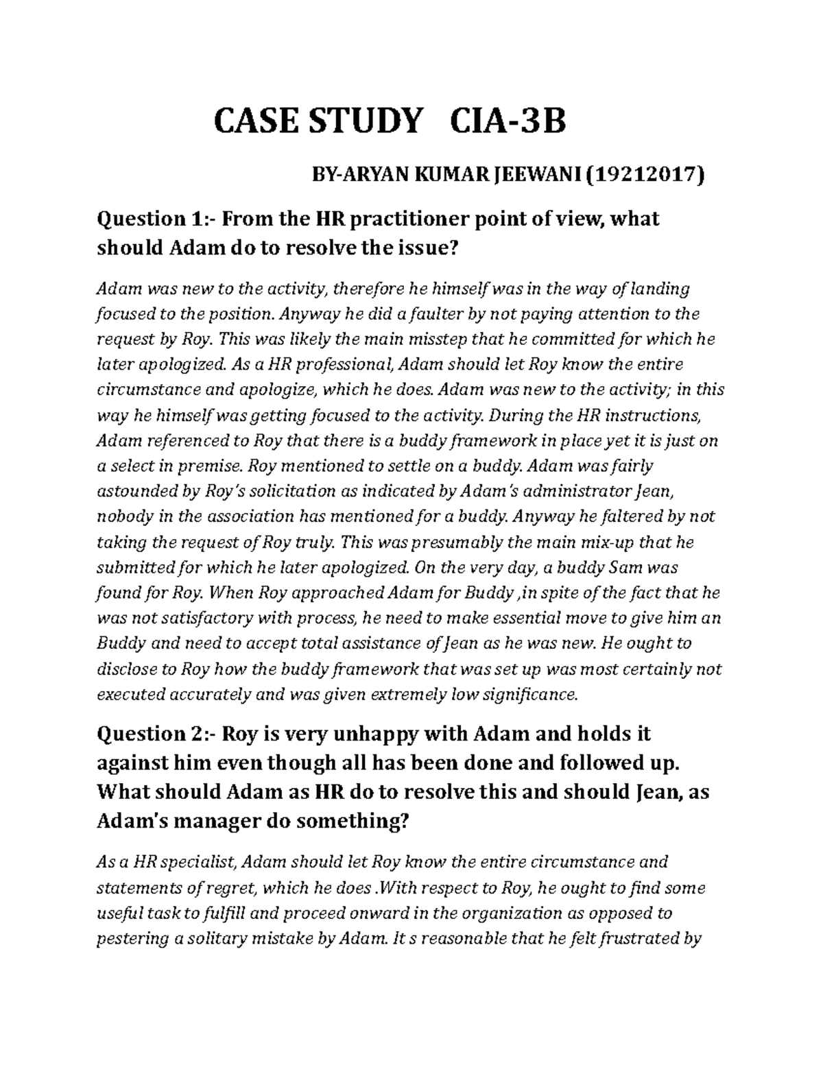 HRM CIA-B (19212017 ) - CASE STUDY CIA-3B BY-ARYAN KUMAR JEEWANI (19212017) Question 1:- From ...