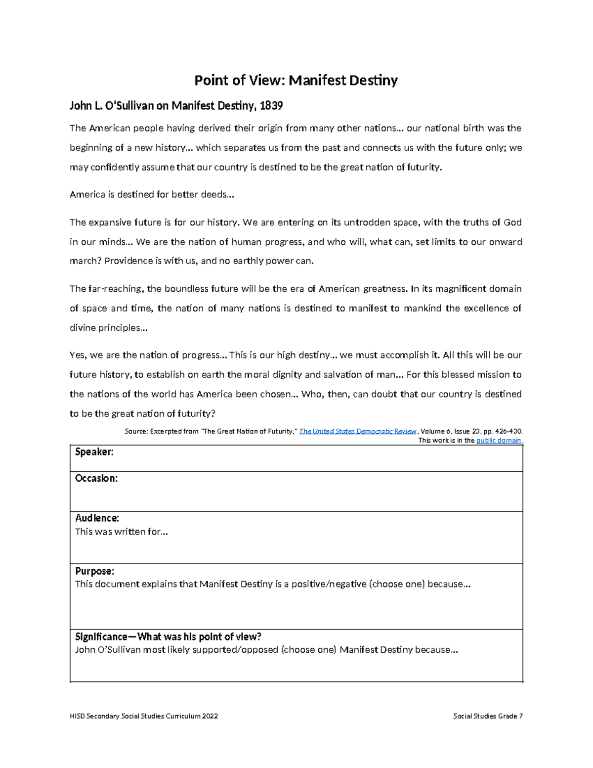SS7 Manifest Destiny POV Unit 7 - Point of View: Manifest Destiny John ...