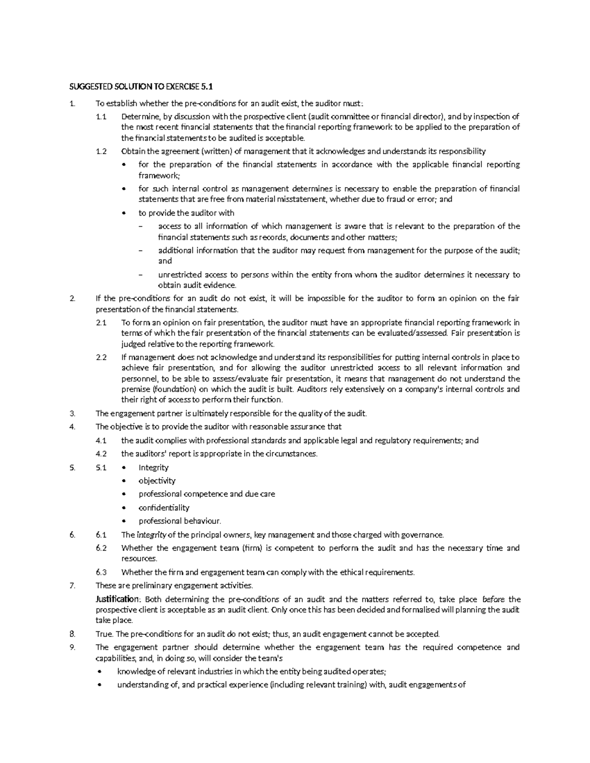 Suggested Solution TO Exercise 5 - Preliminary auditing engagement ...