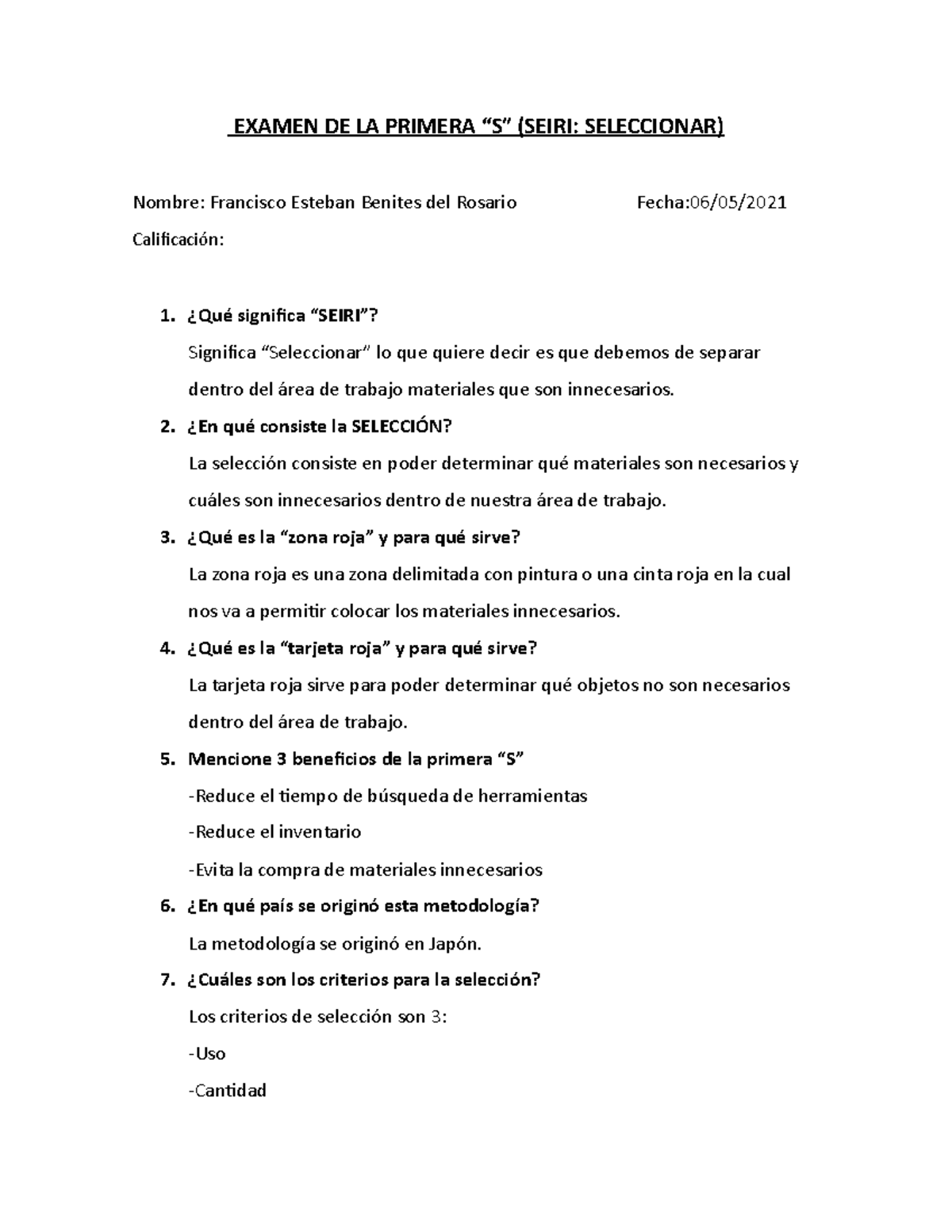 Examen DE LA Primera Y Segunda S - EXAMEN DE LA PRIMERA “S” (SEIRI ...