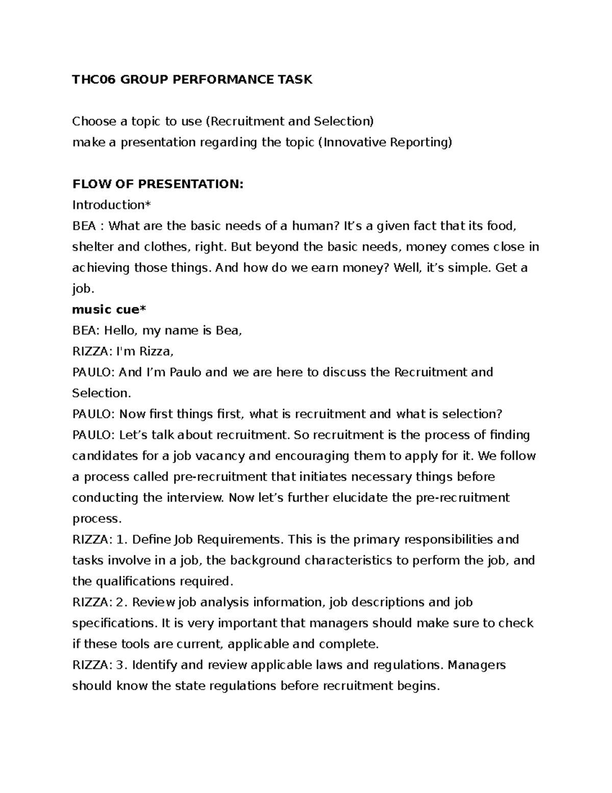 Tourism Script - THC06 GROUP PERFORMANCE TASK Choose a topic to use ...