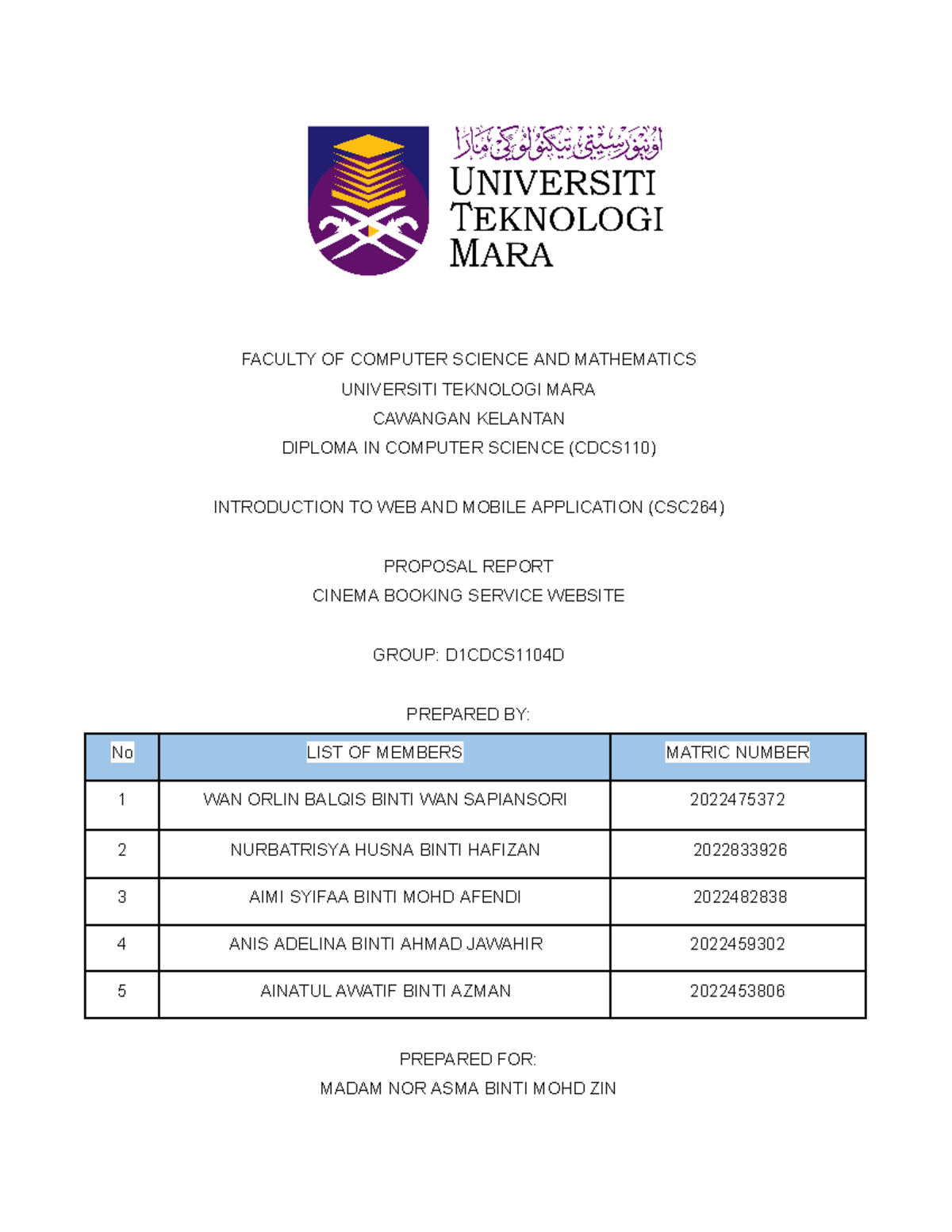 CSC264 Proposal - FACULTY OF COMPUTER SCIENCE AND MATHEMATICS UNIVERSITI TEKNOLOGI MARA CAWANGAN ...
