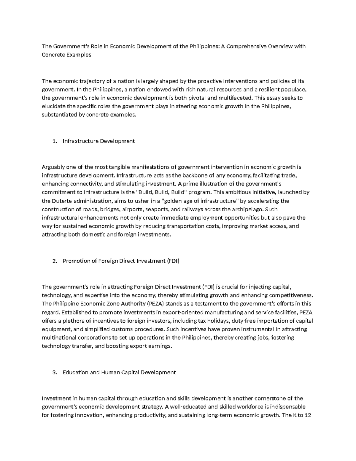 The Government's Role for Economic Development in the Philippines 1 ...