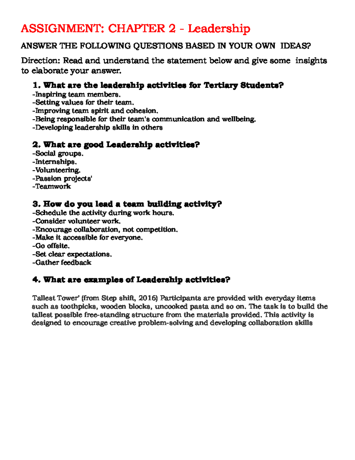 NSTP - Activity Chapter 2 - ASSIGNMENT: CHAPTER 2 - Leadership ANSWER ...