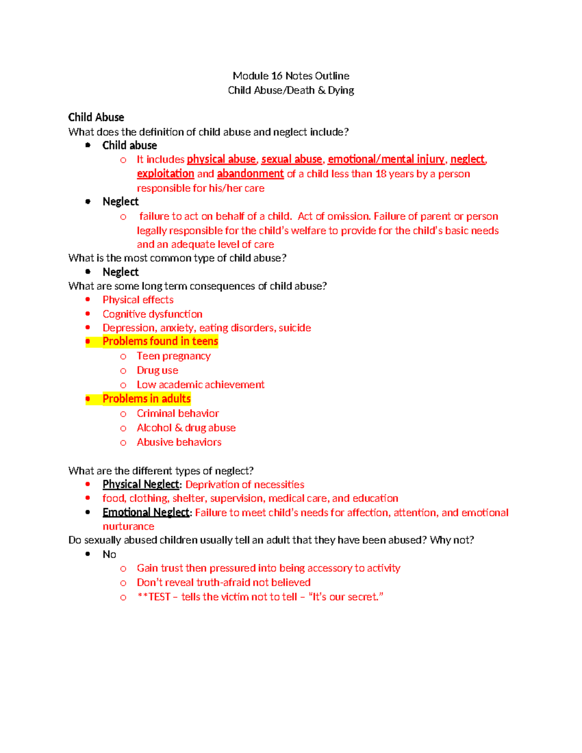 Module 16 Notes Outline - Module 16 Notes Outline Child Abuse/Death ...