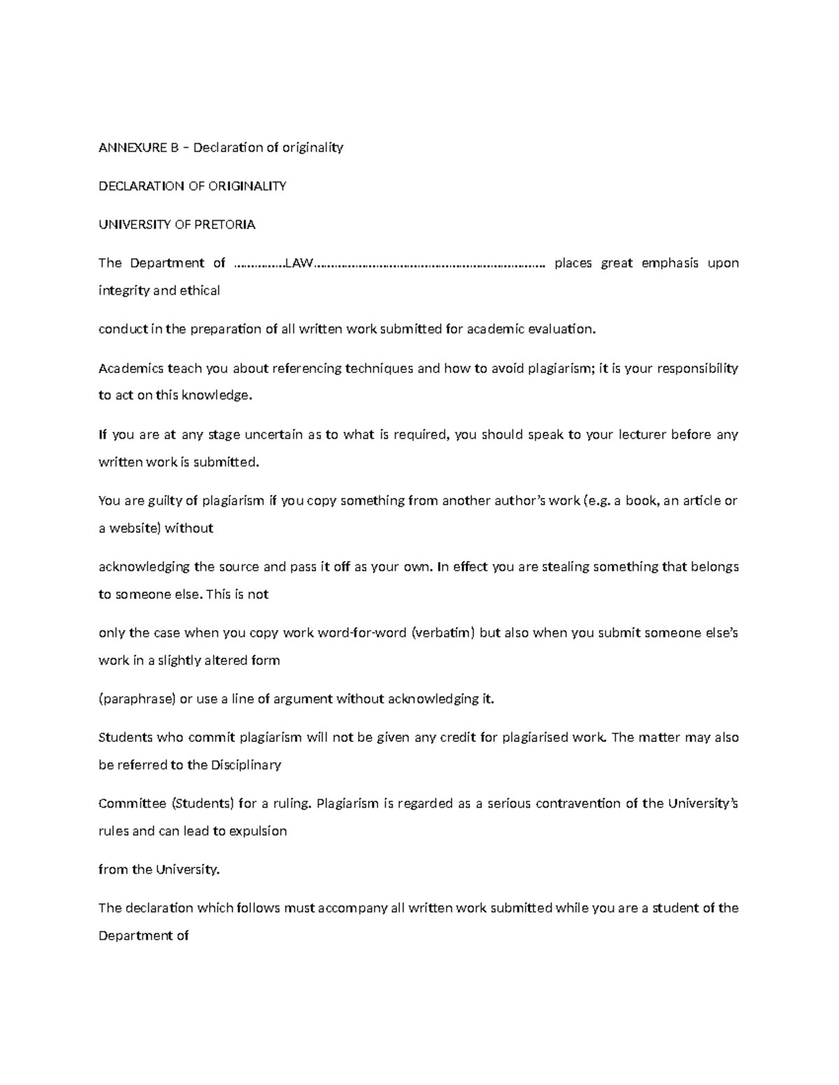 SAR310 Tutorial 2 Counter Spoliation - ANNEXURE B – Declaration of ...