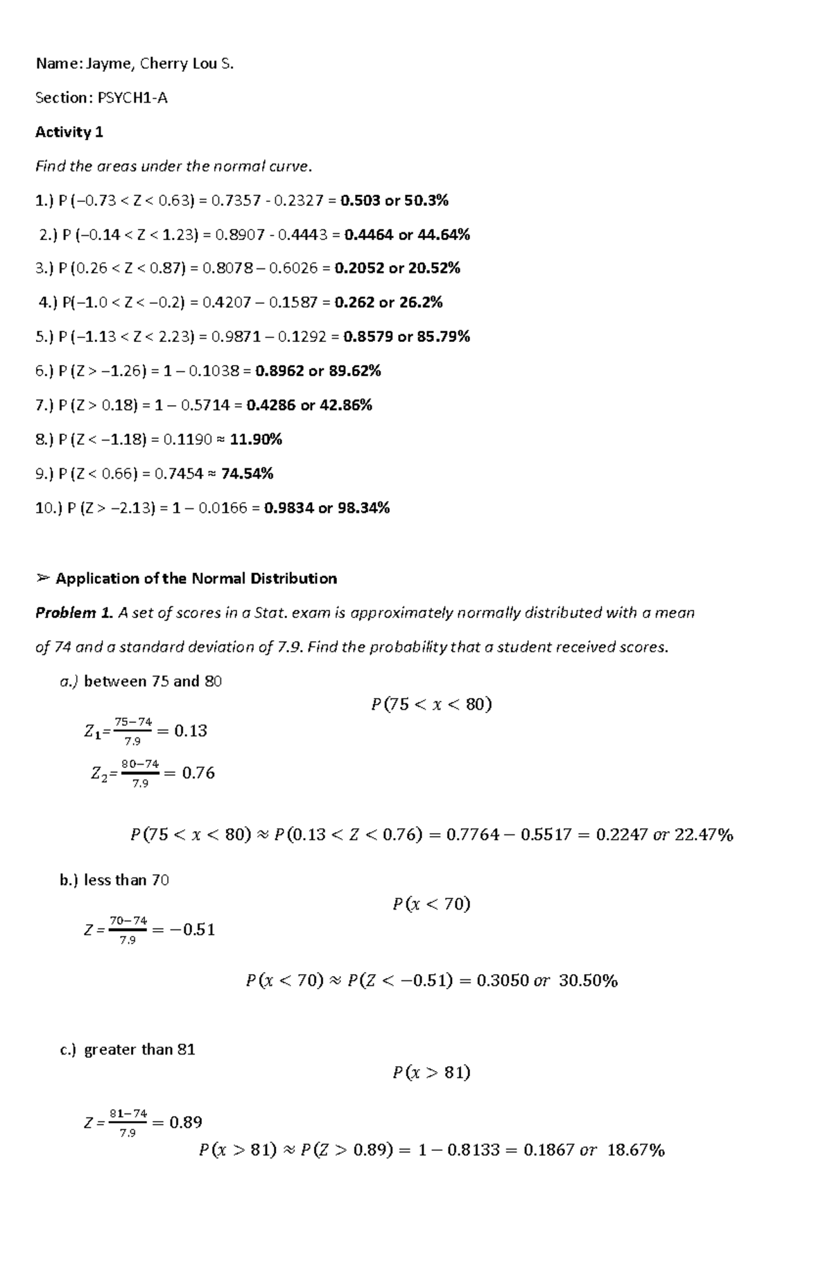 Psych statistics - Name: Jayme, Cherry Lou S. Section: PSYCH1-A ...