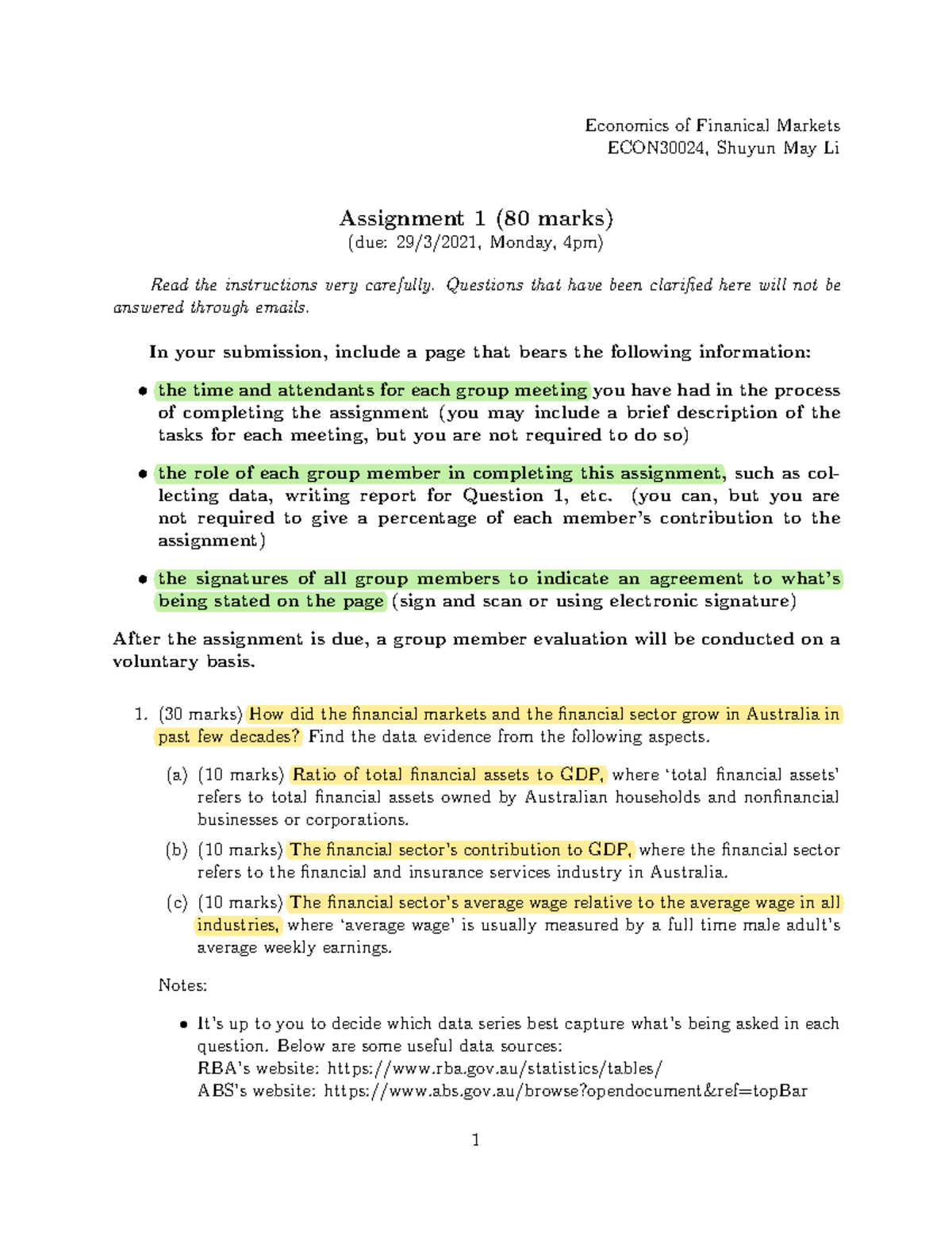ECON30024 Assignment 1 Questions - Economics of Finanical Markets ...