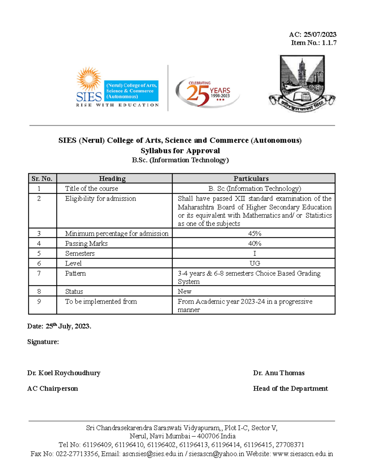 FY BSC.IT Syllabus SIES College - AC: 25/07/ Item No.: 1. SIES (Nerul) College of Arts, Science ...