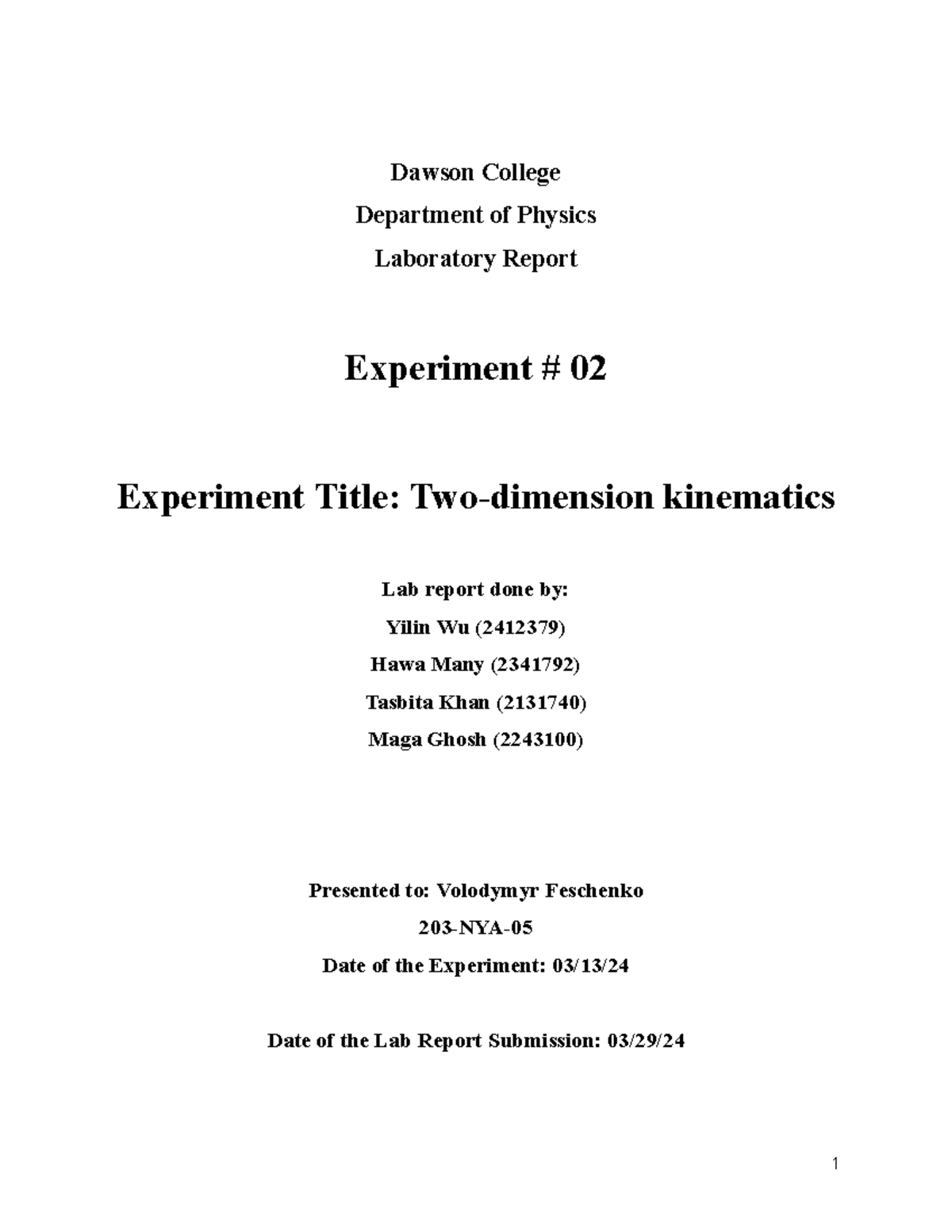 two dimension kinematics lab (3) - Dawson College Department of Physics Laboratory Report ...