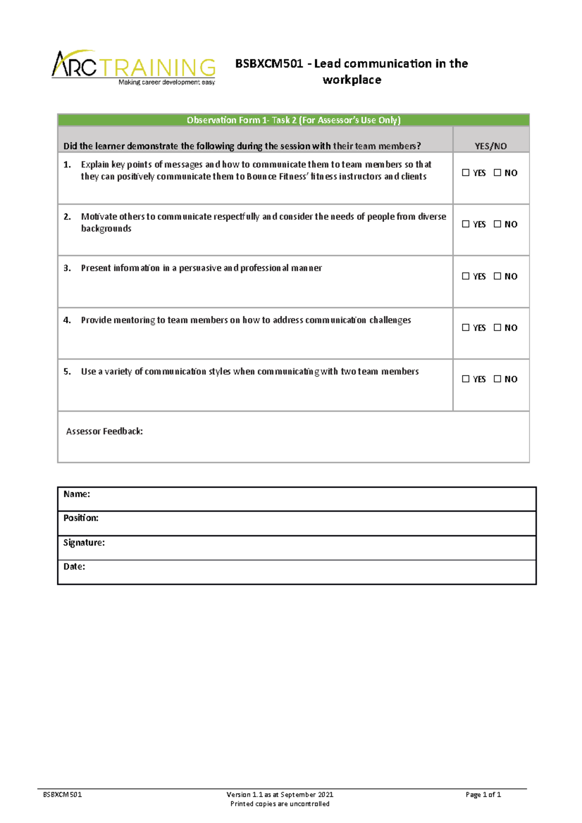 Bsbxcm 501 - Observation Form 1- Task 2-1 - BSBXCM501 - Lead ...